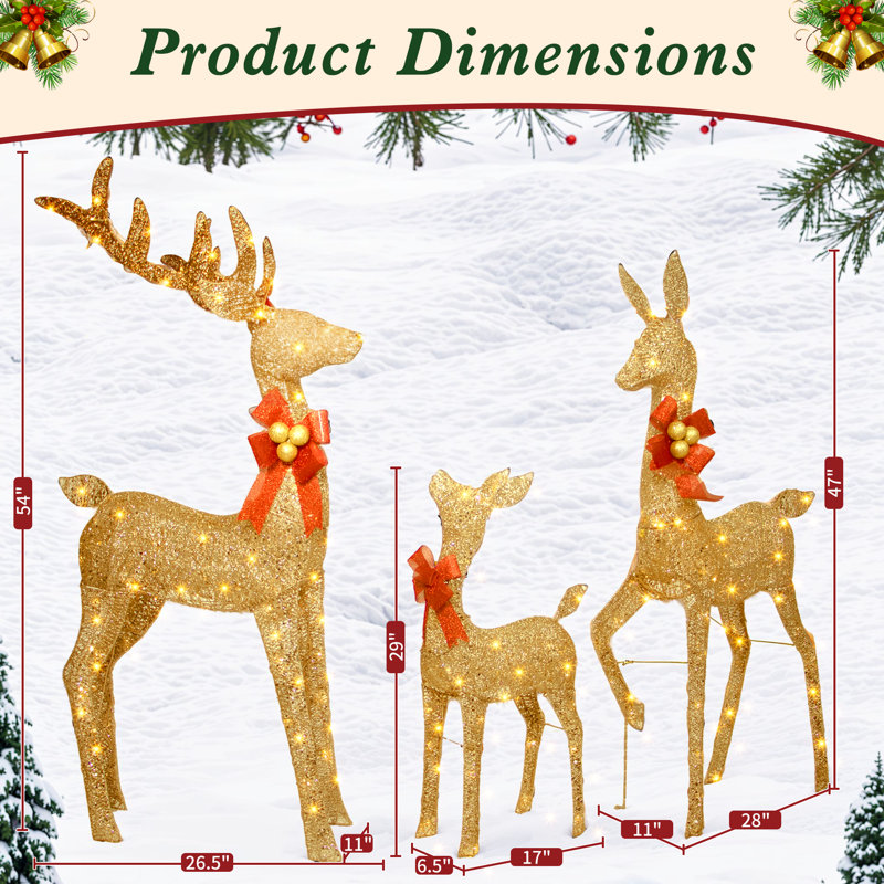 The Holiday Aisle® 3-Piece Light Up 3D Gold Reindeer Family Outdoor Christmas Decorations Set ...